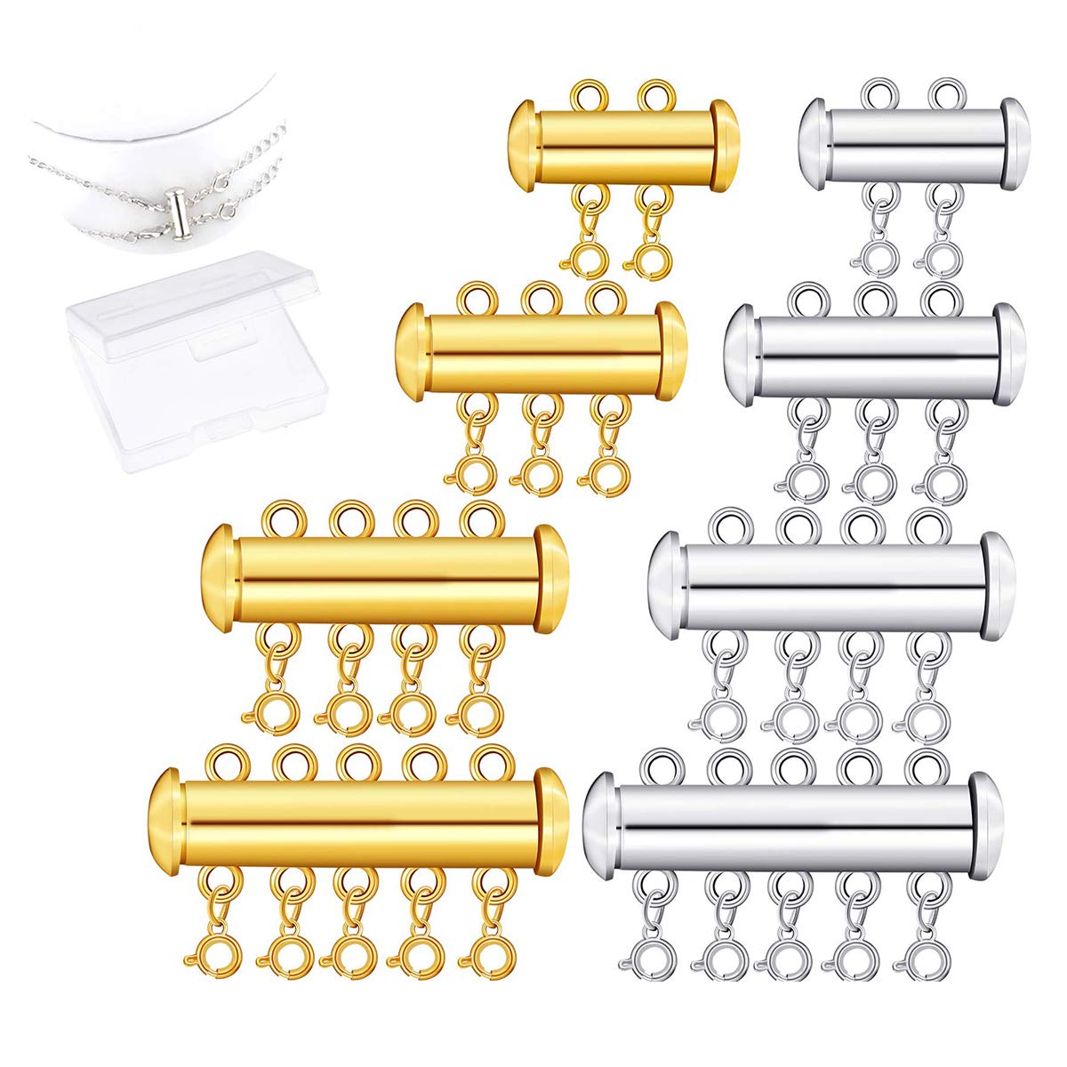 8 Pieces Slide Clasp Lock Necklace Connector Multi Strands Slide Tube Clasps with Storage Box for Layered Bracelet Necklace Jewelry Crafts (4 Sizes, Gold, Silver)
