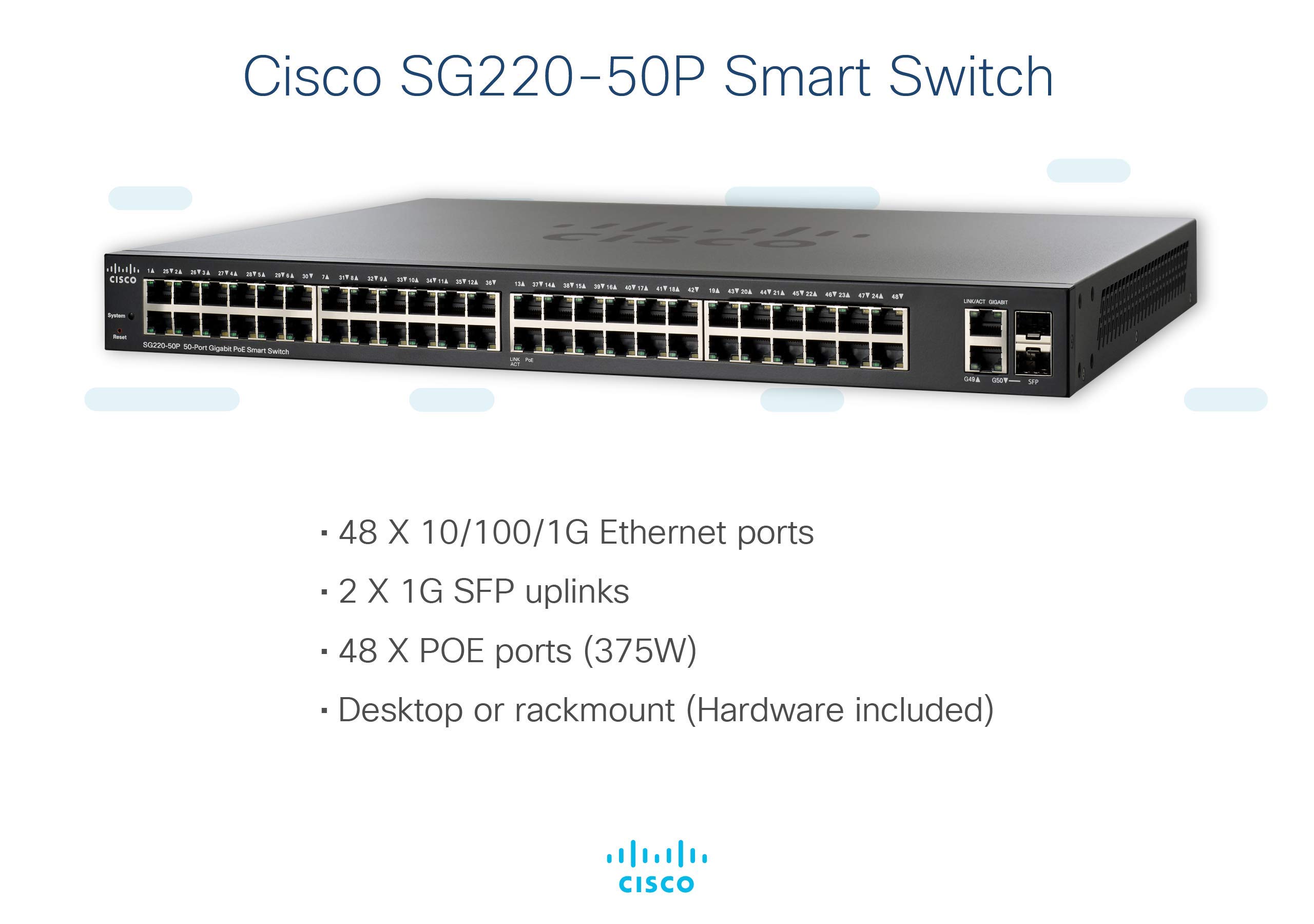 Cisco SG220-50P Smart Switch | 50 Gigabit Ethernet (GbE) Ports | 2 Gigabit Ethernet Combo | 375W PoE | Limited Lifetime Protection (SG220-50P-K9-NA)