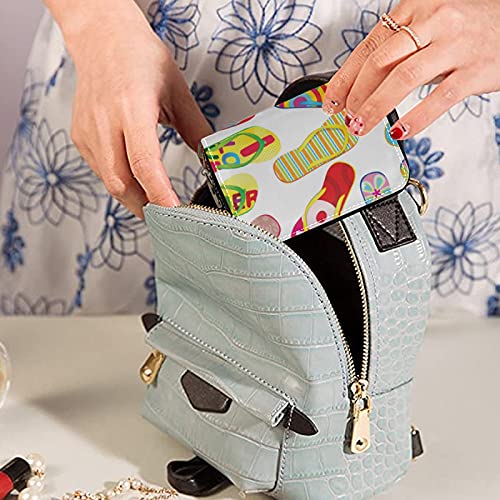 Colorful Flip Flops Beach Sandals On White Grey Credit Card Coin wallet, RFID Blocking Compact Women Leather Card Holder, Key Change Organizer, Zipper Purse Clutch Pouch Pocket