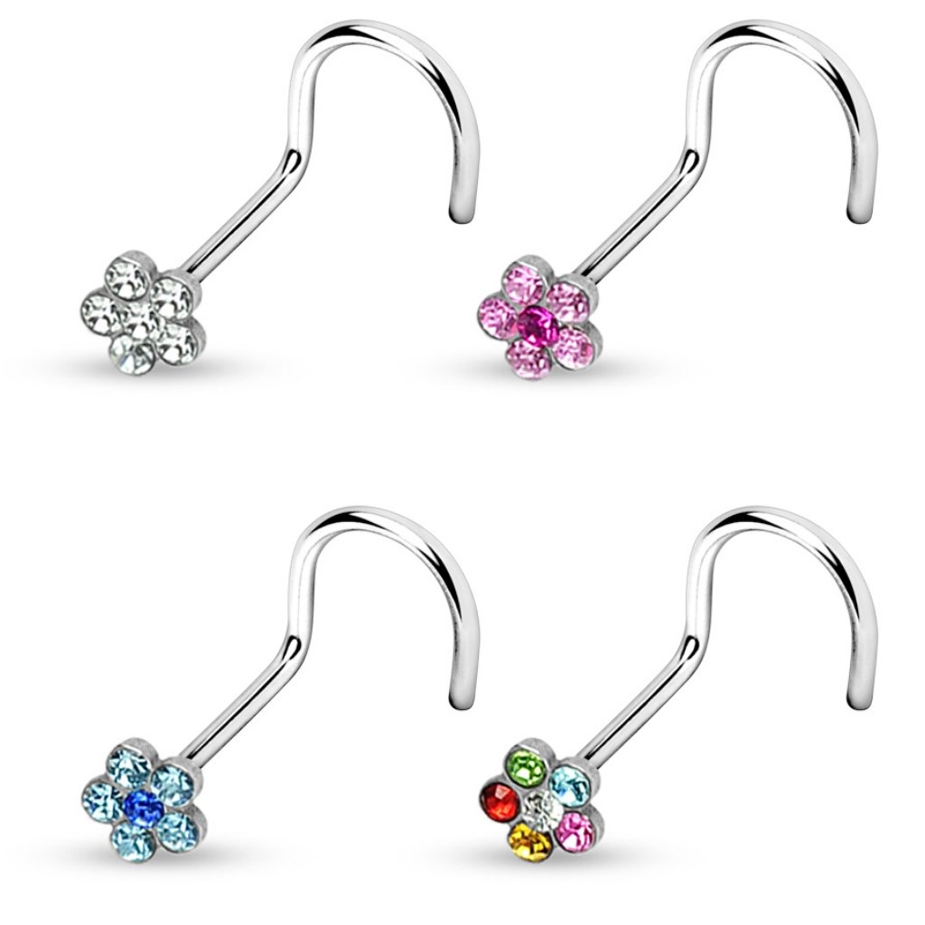 4-Color Set Gem Accent Flower Top Steel Nose Ring Screw Piercings (18 Gauge (1mm))