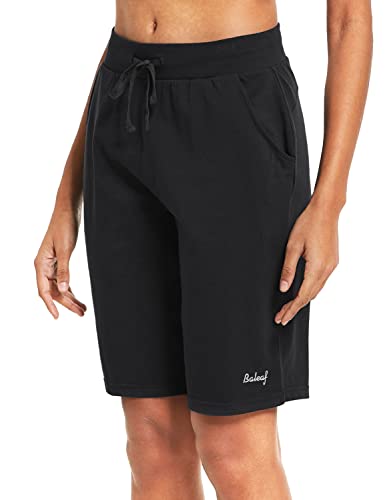 BALEAF Womens Exercise,Basketball,Fitness,Jogging,Walking,Running,Workout,Gym,Yoga Sweat Shorts Long Cotton Bermuda Summer Casual Drawstring Shorts with Pockets, Medium, Black