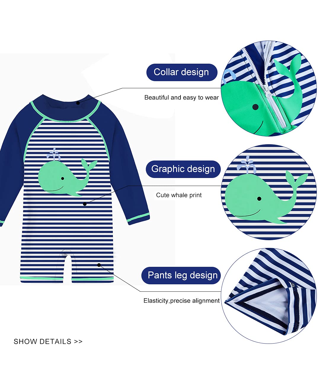 uideazone Infant Boy Blue Striped Swimsuit 3mo Long Sleeve One Piece Rash Guard Bathing Suit with Hat UPF 50+ Sun Protection Swimwear 3-6 Months