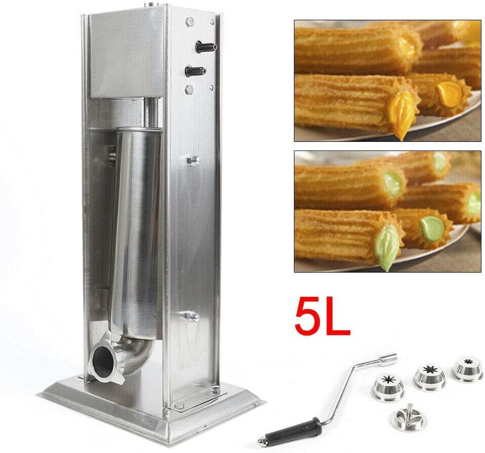 Commercial Churro Maker 5L Stainless Steel Manual Spanish Donut Churrera Churro Maker Machine with 4pcs Nozzles for Home Restaurants Cafeterias Bakeries (Vertical Type)