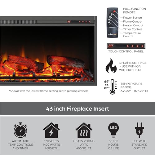 Ameriwood Home Mateo 53.5 Inch Electric Fireplace with Mantel, Replaceable Fireplace Insert Heater, Remote Control, Timer, Realistic Log and Flame Effect, for The Living Room or Bedroom, Ivory Oak