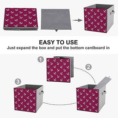 Anchor with Blue Red Stripes Collapsible Storage Bins Basics Folding Fabric Storage Cubes Organizer Boxes with Handles