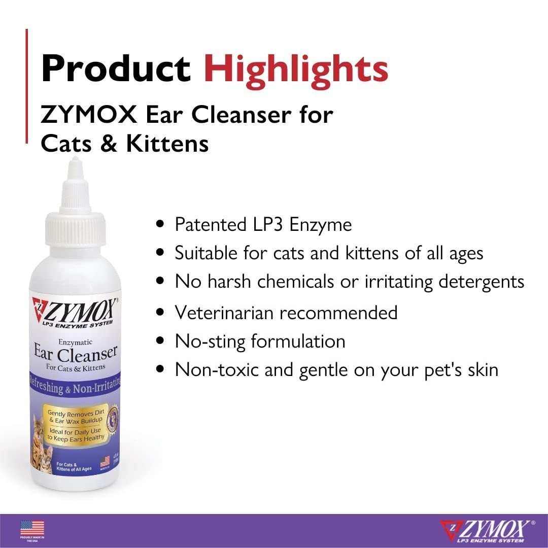 Zymox Enzymatic Ear Cleanser for Cats & Kittens, 4 oz. β Cleans & Refreshes Ear Canal for Relief from Ear Wax & Dirt Buildup