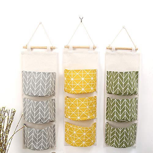 litymitzromq Hanging Organizer, 3 Pockets Wall Door Closet Home Hanging Storage Bag Linen Fabric Wardrobe Organizer Pouch Space Saving Household Tool Grey