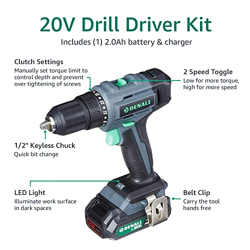 Amazon Brand - Denali by SKIL 20V Cordless Drill Driver Kit with 2.0Ah Lithium Battery and 2.4A Charger, Blue, 26.0"L x 18.1"W x 18.1"H