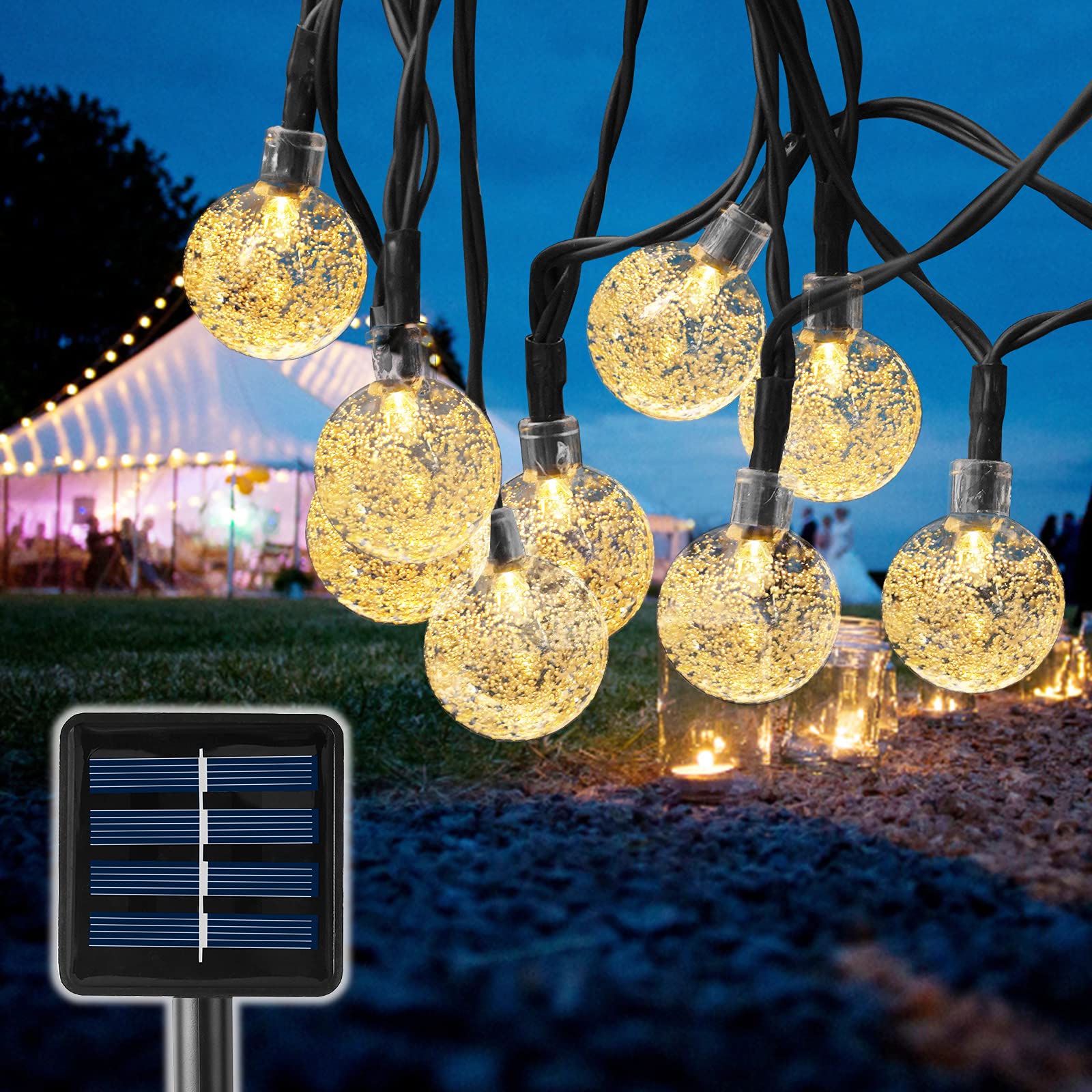 Bexdir Solar String Lights Outdoor, 50 LED Warm White Crystal Globe String Lights 8 Modes, Solar Powered Christmas Lights String for Porch Yard Garden Fence Tree Party Wedding Valentines Day Decorā¦