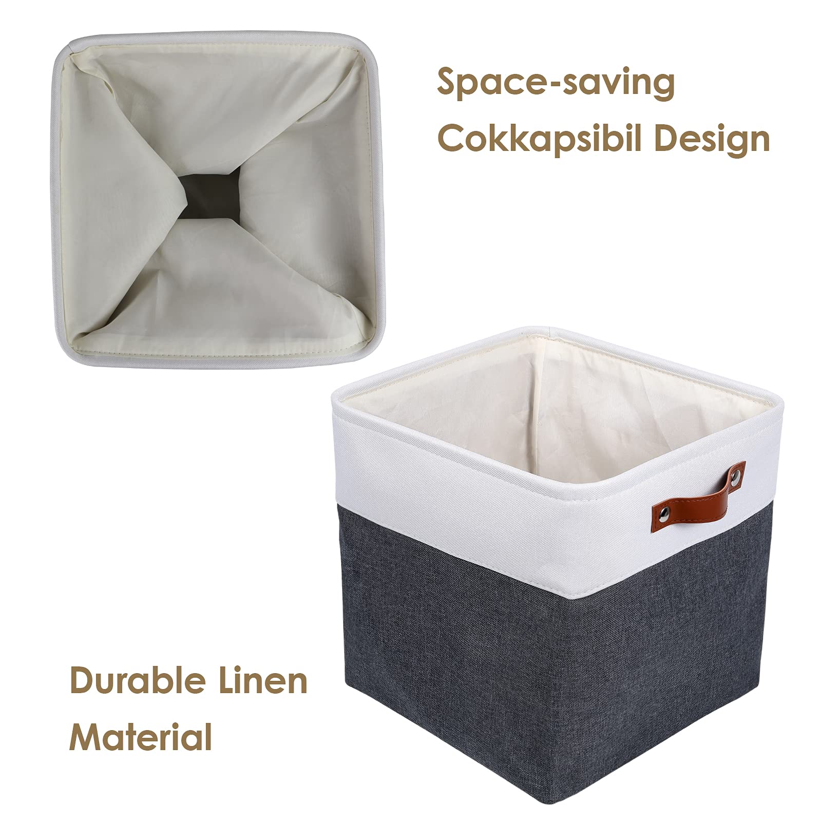 WANMEI Foldable Cube Storage Bins 13x13x13 IN 3 Pack Collapsible Sturdy Cationic Fabric Storage Basket with Leather Handles for Organizing Shelf Nursery Home Closet Office(Grey and White)