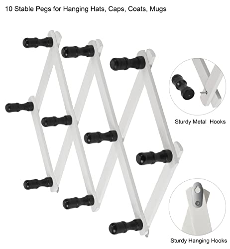 CILXGQLN 2 Pack Expandable Coat Rack Hat Hangers for Wall, Accordion Wall Hangers, Wooden Hat Rack Wall Mounted, 10 Peg Hooks for Keys, Hat, Bags, Coats, Towels, Umbrella, Necklaces, White