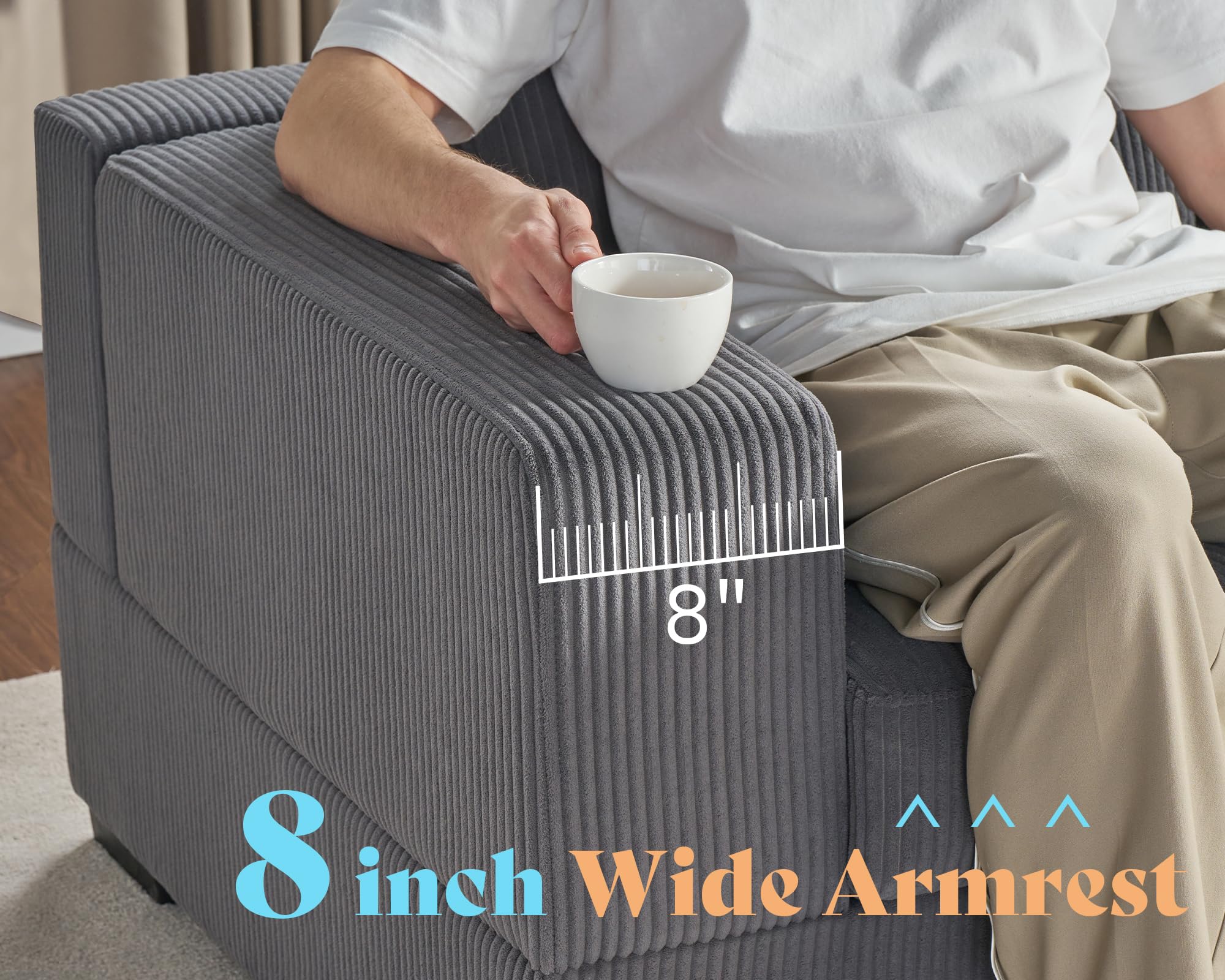 AMERLIFE 121 Inch U Shaped Sofa, Oversized Sectional Couch with Left Facing Chaise, Comfy Sofa with Corner Seat, Grey Corduroy Couch for Living Room