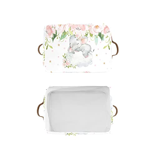 Elephant Pink Floral Custom Storage Basket ,Personalized Storage Bins Cubes Organizer with Handle for Bedroom Wardrobe,Nursery,Basket 1 Pack