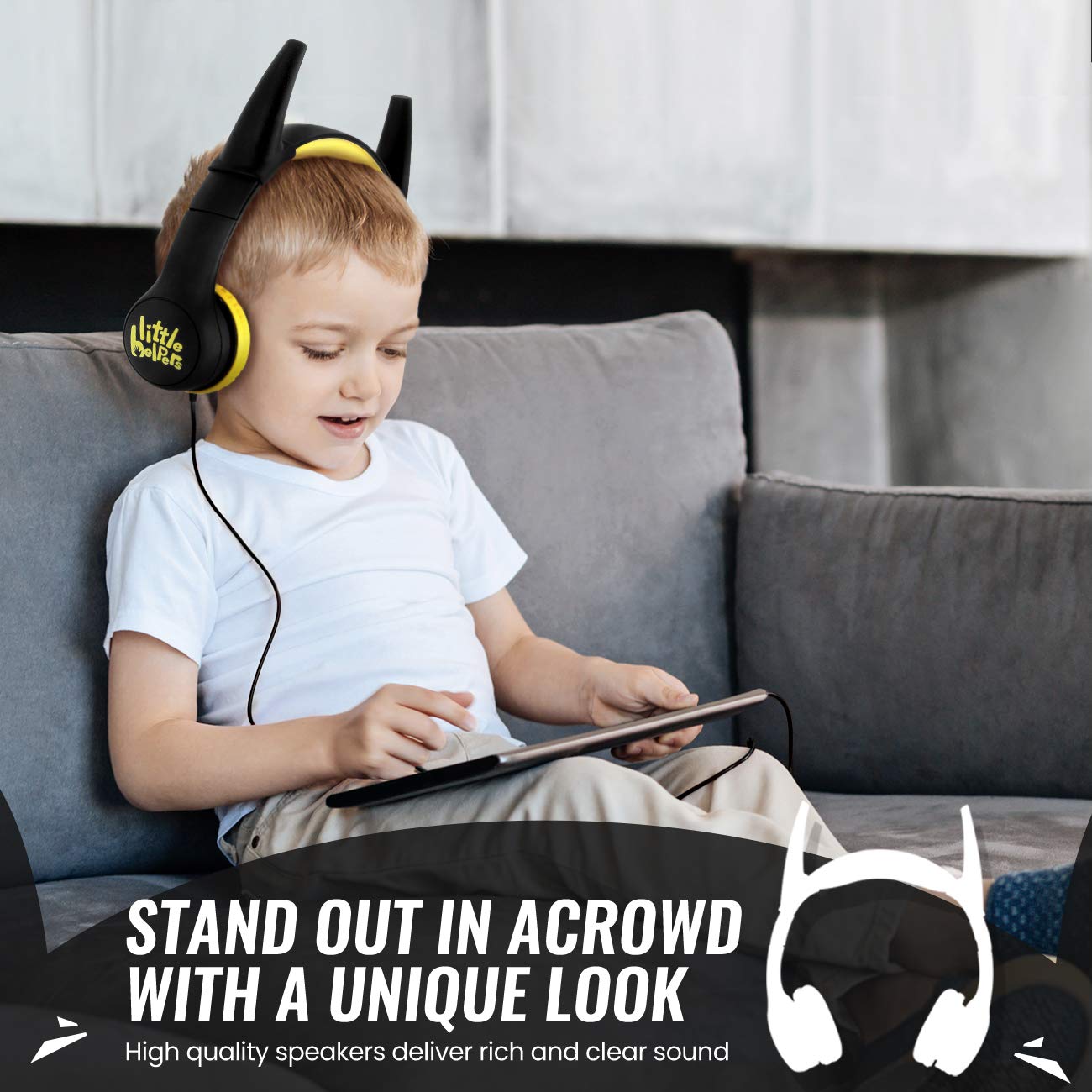 Little Helpers Kids Headphones with VoliBat Ears, Wired Over-Ear Headphones with Music Sharing Function,85dB Volume Limited Hearing Protection,Safe Food Grade Material,3.5mm Jack Headset for Children