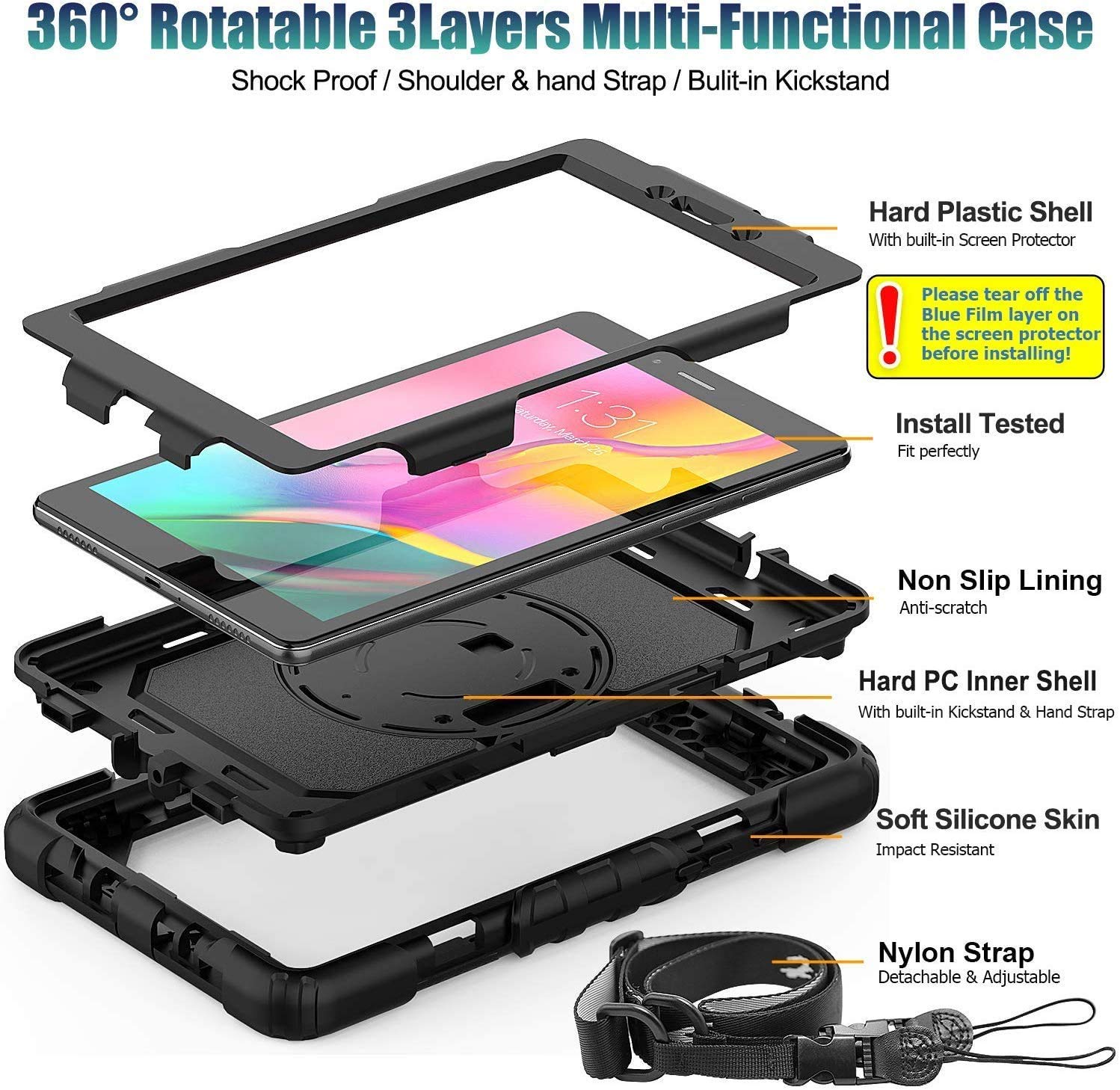 Samsung Galaxy Tab A 8.0 Case 2019 with Screen Protector Pencil Holder | Rugged SM-T290/T295/T297 Case for Kids | Blosomeet Heavy Duty Shockproof Protective Cover w/ Stand Hand Shoulder Strap | Black