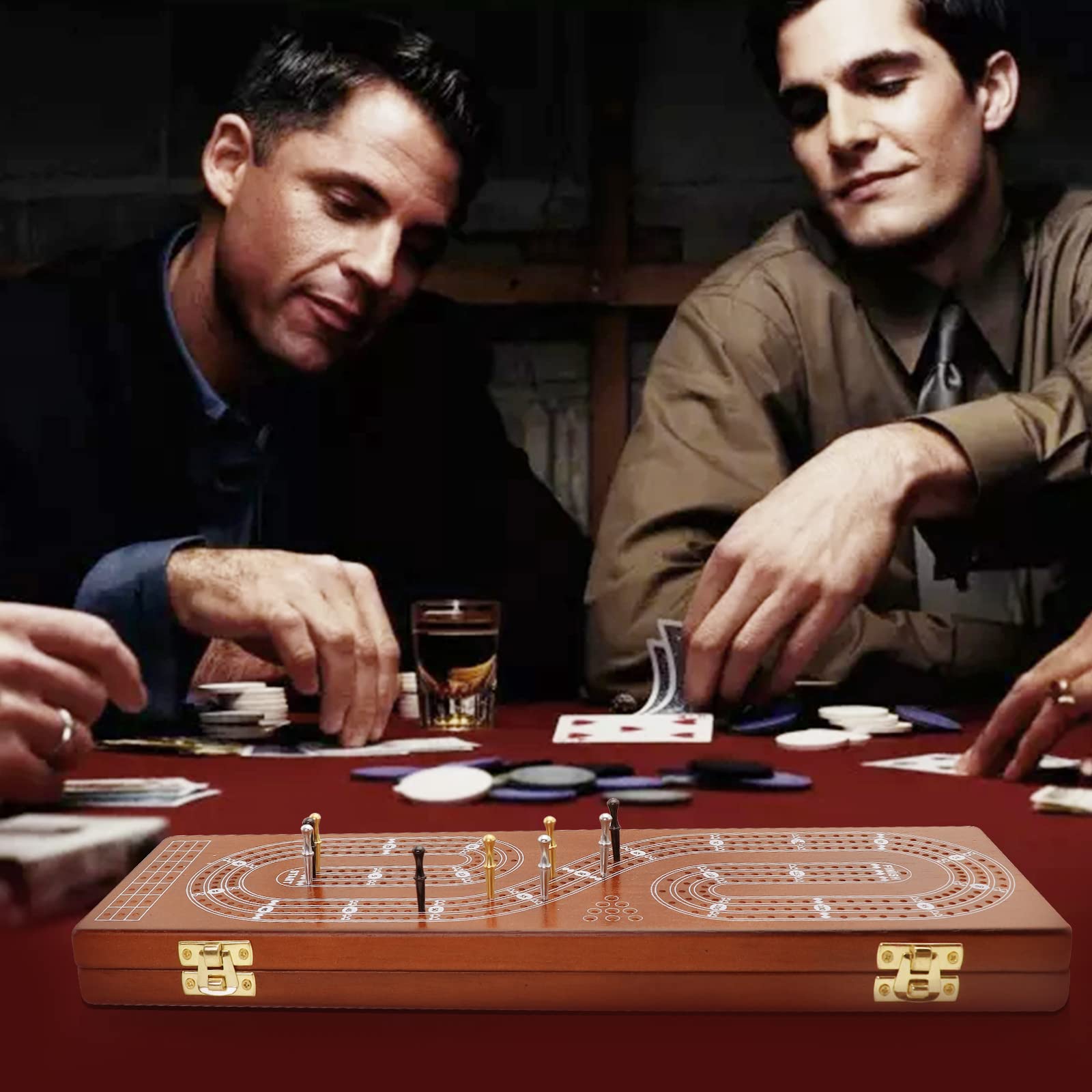 Cribbage Board Game Set 3 Tracks, Plusvivo Solid Oak Wood Cribbage Boards Unique with 9 Metal Pegs & 2 Storage Area, 15.5 X 4.9 X 1.2 in Travel Portable Cribbage Game Sets for Family
