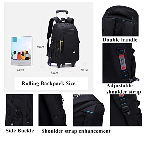Black Kids Boys Rolling Backpack Teens Carry-on Luggage with Wheels Trolly BookBag for School-2 Wheels