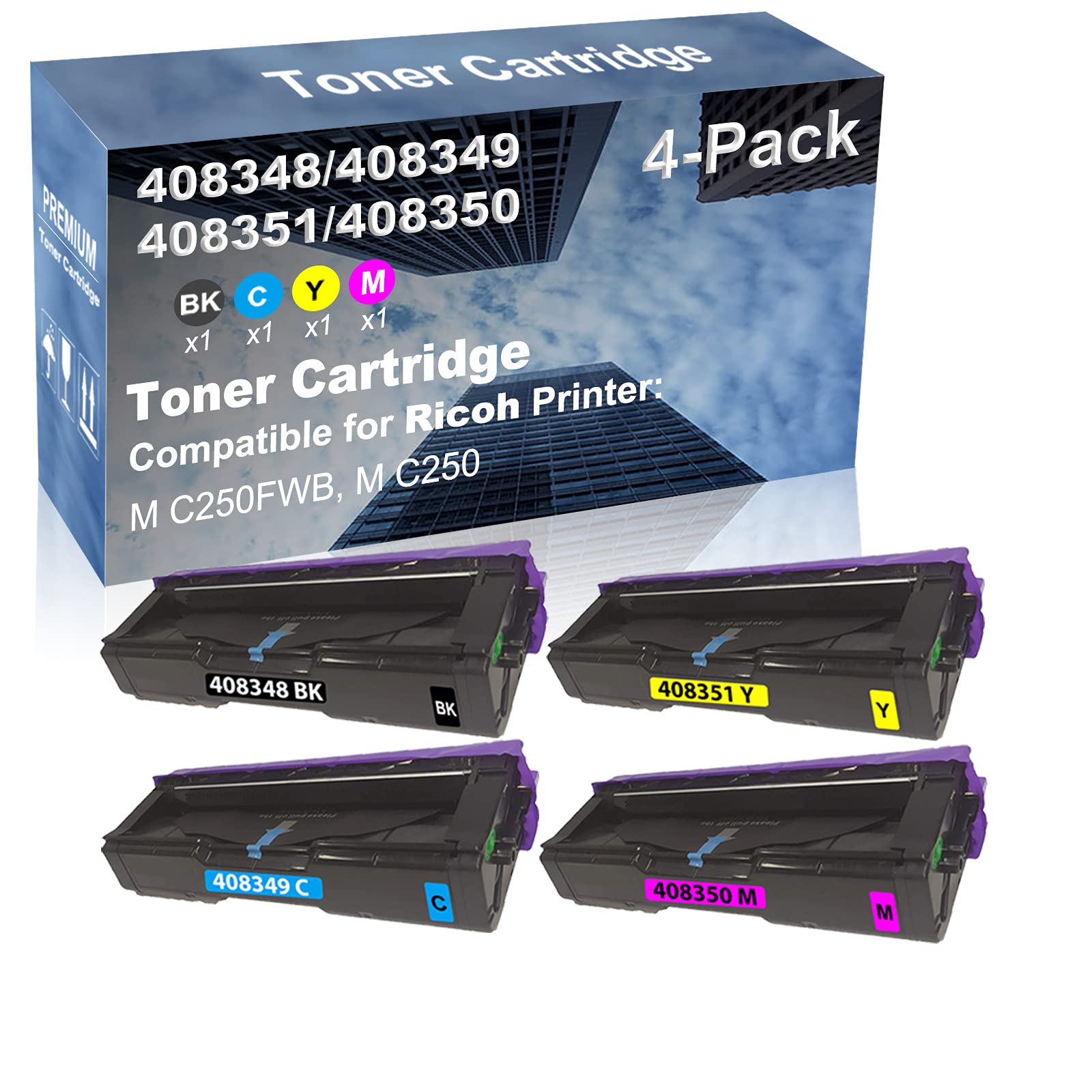 4-Pack (BK+C+Y+M) Compatible High Yield 408348+ 408349+ 408351+ 408350 Laser Printer Toner Cartridge used for Ricoh M C250FWB, M C250 Printer