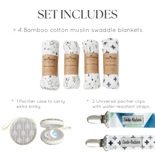 Dodo Babies Swaddle Blanket & Pacifier Clip Set β Four Large Cotton Muslin Receiving Blankets Plus Two Universal Binky Holders and Zip-Close Paci Case β Great for New Girl or Boy