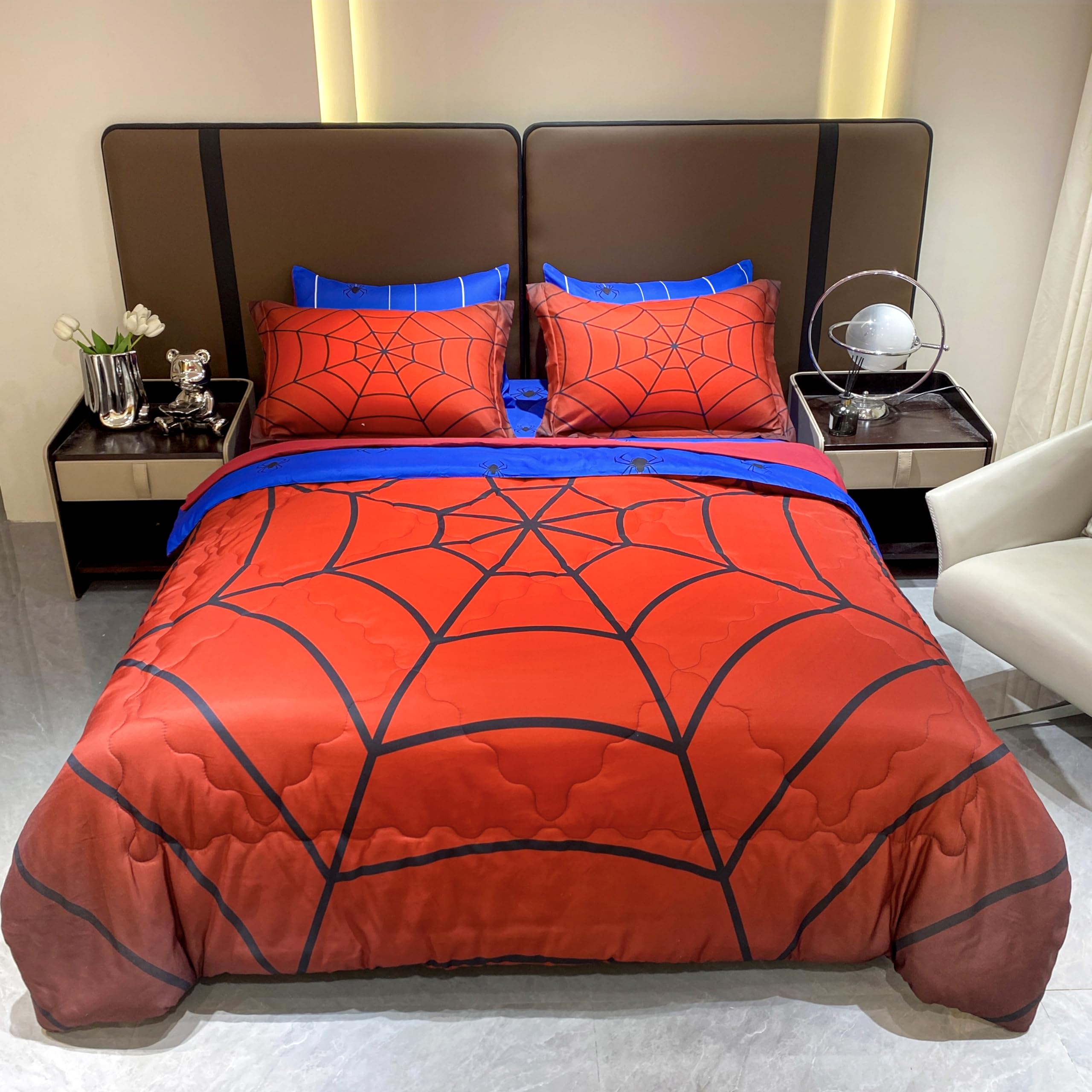 FAIRY KAARI Boys Spider Web Printed Comforter Set Bed in A Bag Twin Size 7PC Red Bedding Set for Teens Kids Boys (1 Comforter, 1 Flat Sheet 1 Fitted Sheet 2 Pillowcase and 2 Pillow Sham)