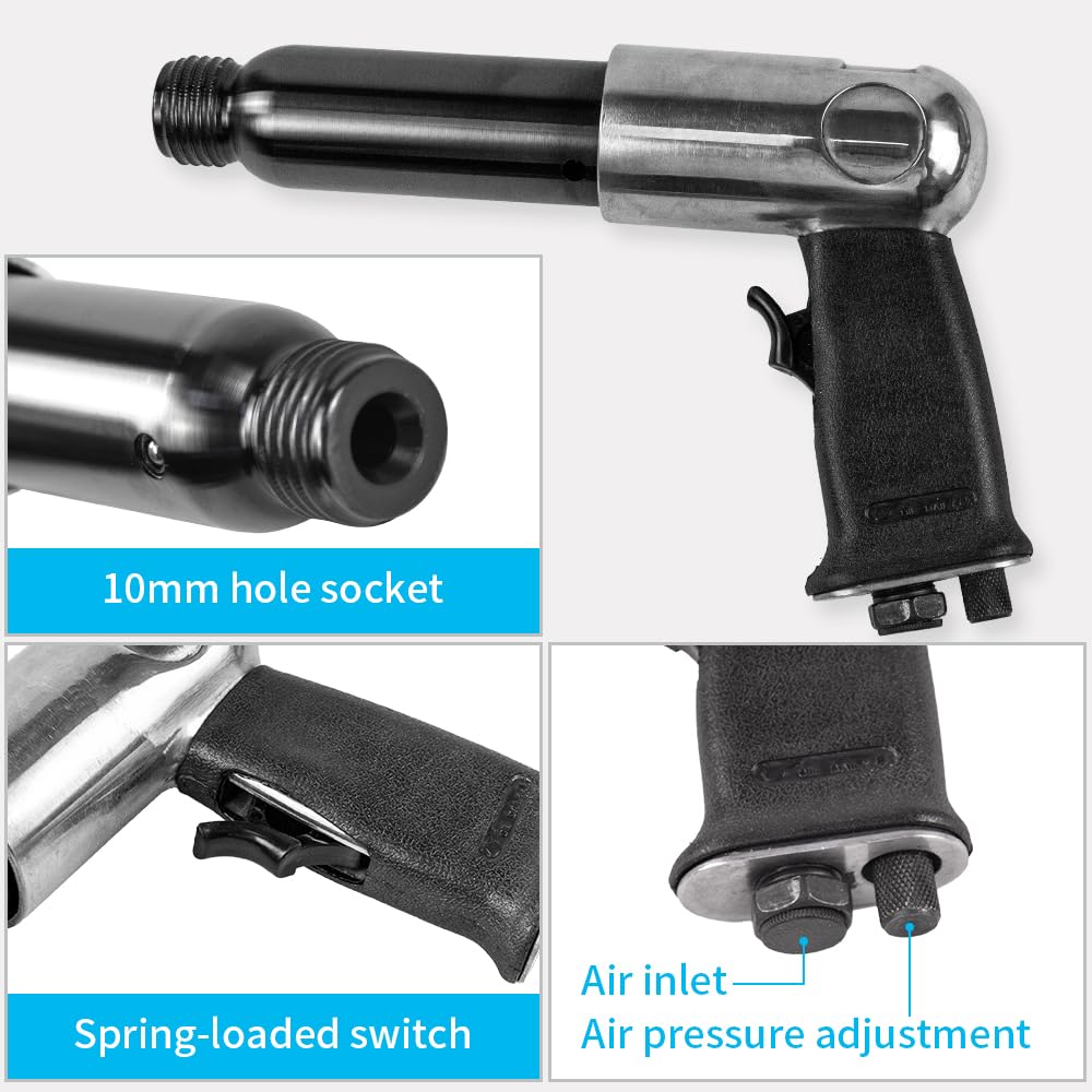 BAUSATZ Air hammer Heavy Duty 220mm long barrel air chisel kit with 5pcs chisels Needle Scaler Attachment with 19pcs Needles,5000BPM air chisel for shoveling and cutting (JBCXJ01)