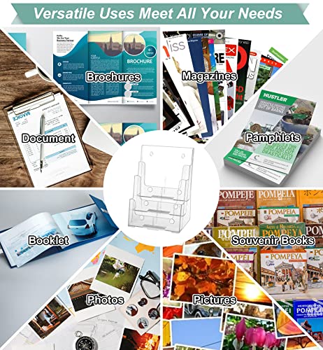 Acrylic Brochure Holder 8.5 x 11 inches, 3 Tier Clear Literature Holder with Removable Divider for Trifold 4 Inches Wide Pamphlet, Plastic Flyer Display Stand for Magazine, Document, Booklet