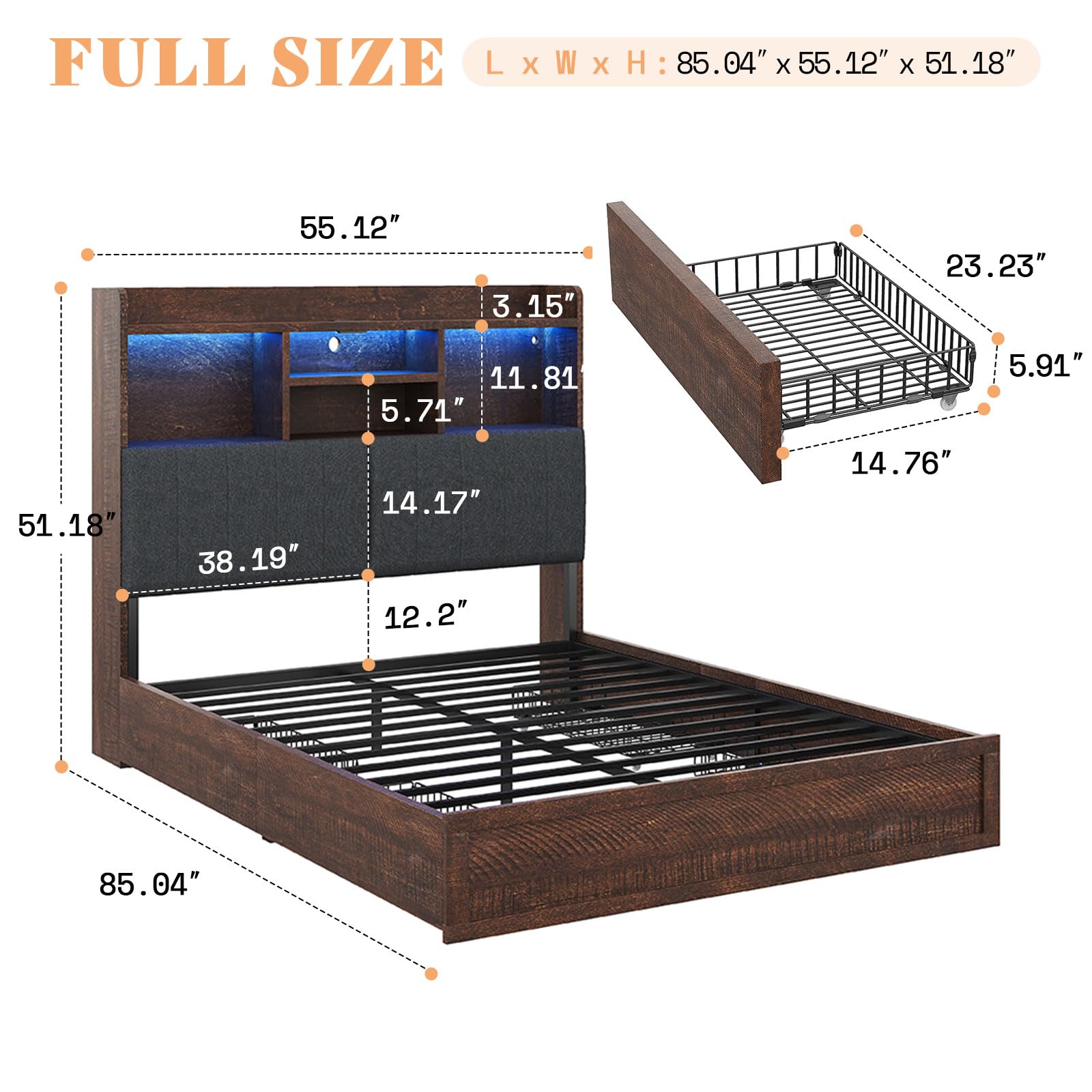 AMERLIFE King Size Platform Bed with 4 Storage Drawers, 51.2" Tall LED Bed Frame with Bookcase Headboard, Linen Upholstered, Charging Station & Hidden Storage Area, No Box Spring Needed, Rustic Black