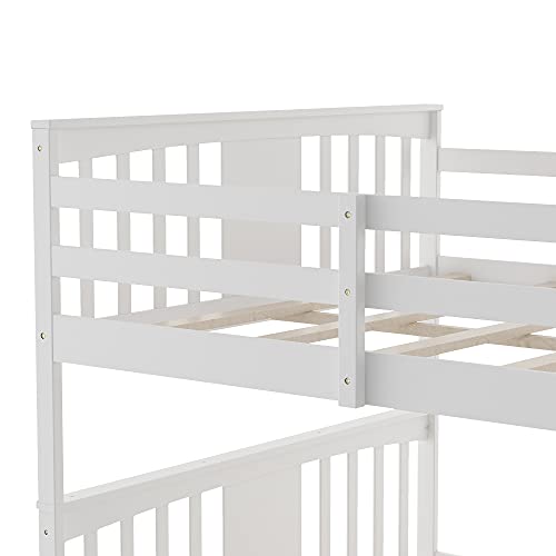 CITYLIGHT Floor Full Over Full Bunk Beds, Wooden Low Full Over Full Bunk Bed for Kids, Toddler Full Bunk Bed for Girls Boys Teens’ Bedroom or Dorm (Full,White)