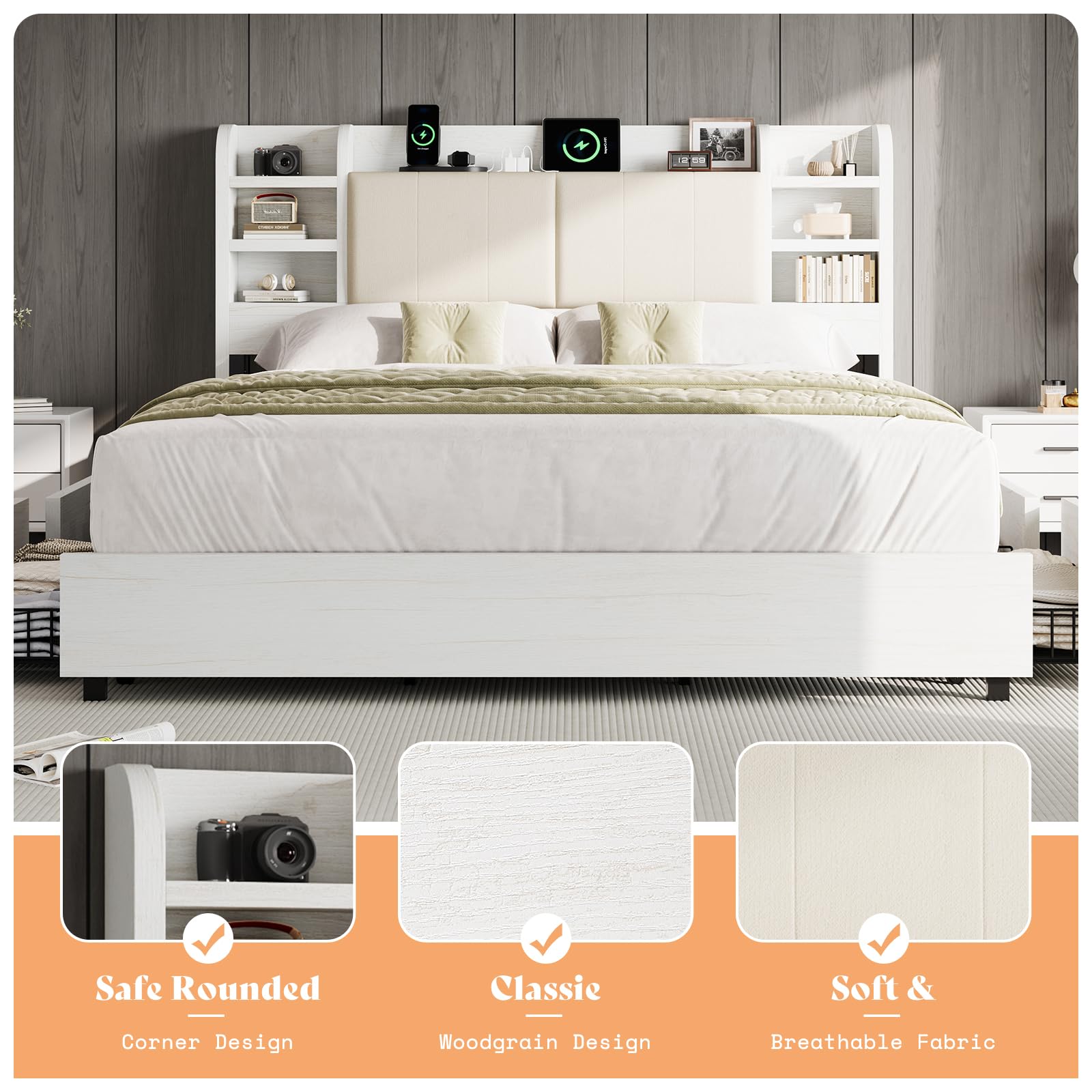 AMERLIFE King Size Bed Frame with 4 Storage Drawers, Upholstered Bed Frame with 47.2" Bookcase Headboard, Wooden Platform Bed with Charging Station/No Box Spring Needed/White