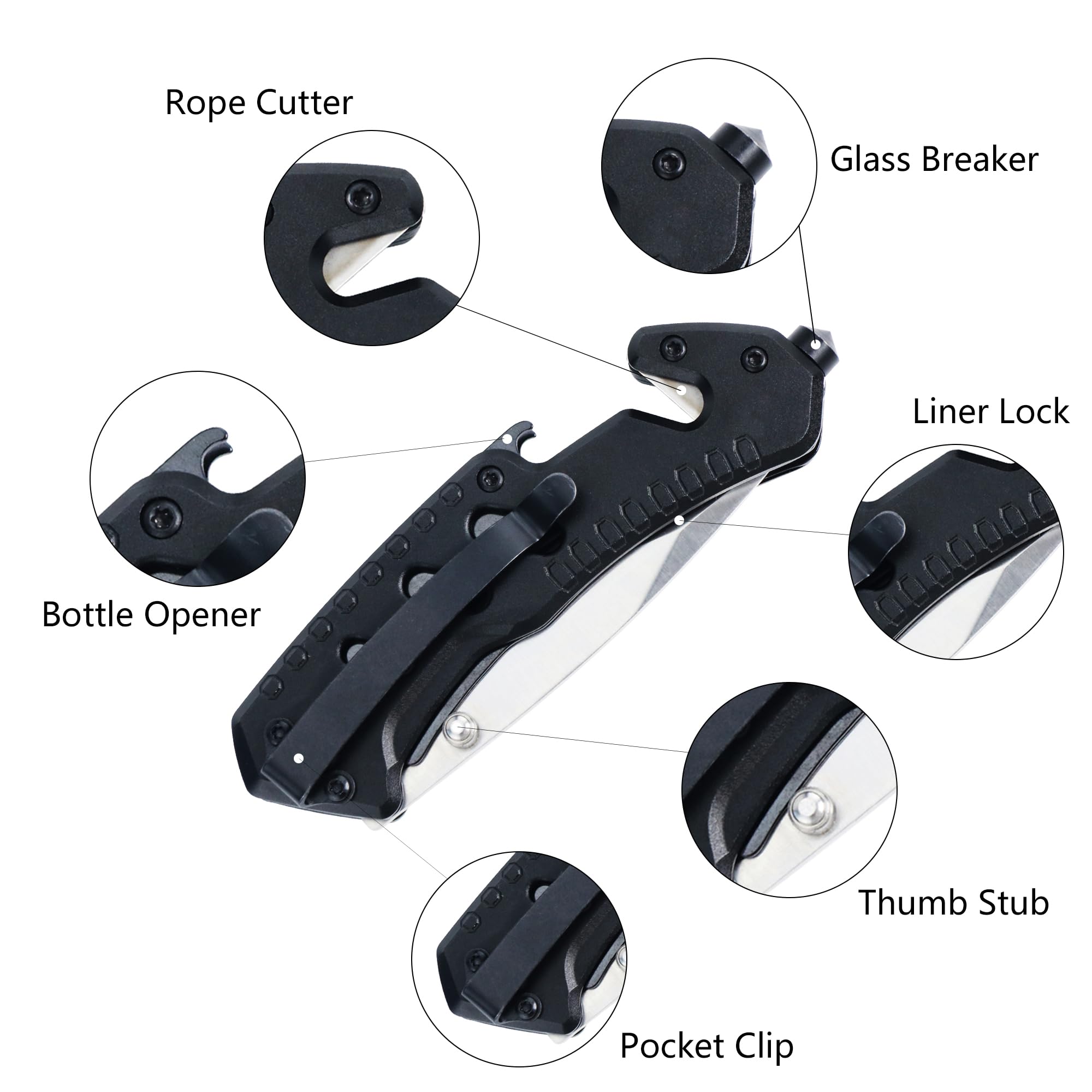 ALBATROSS Classic Multifunction Pocket Folding Knife with Bottle Opener、Glass Hammer and Rope Cutter, Satin Coated Blade and Aluminum Handle,AS-23265 (Black)