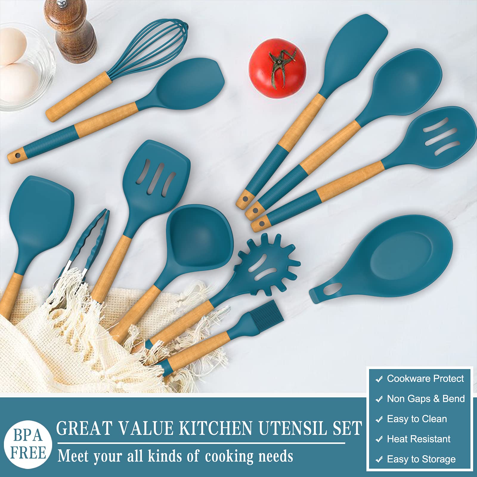 33 PCS Silicone Kitchen Utensils Set, Umite Chef Heat Resistant Cooking Utensils Set With Holder, Wooden Handle Kitchen Gadgets Tools Spatula Set for Nonstick Cookware(BPA Free & Khaki)