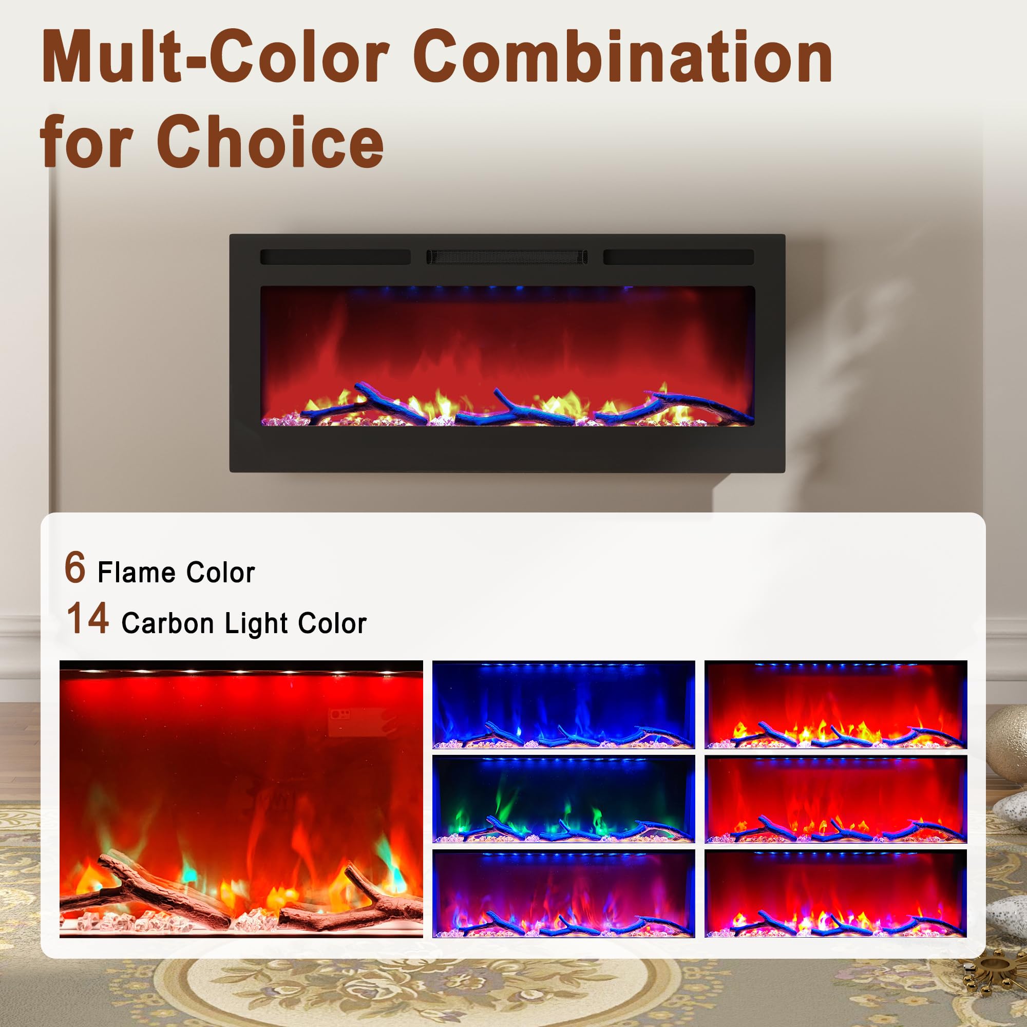 42 Inch Electric Fireplace Recessed and Wall Mounted, LED Linear Fireplace with Remote Control Ultra-Thin and Low Noise 1500W Adjustable 6 Flame Options, Timer