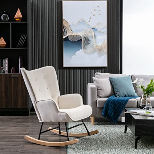 Fabric Nursery Rocking Accent Chair, Modern Tufted Button Wingback Glider Rocker Armchair with Solid Wood Legs, Beige
