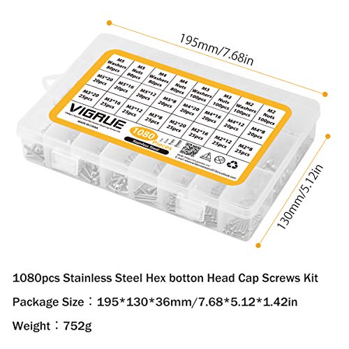 VIGRUE M5 M4 M3 M2 Metric Screws Bolts Nuts Washers Assortment Set with Allen Wrench 1080Pcs Hex Button Head Socket Cap Screws Stainless Steel, Small Bolts and Nuts Assortment Kit