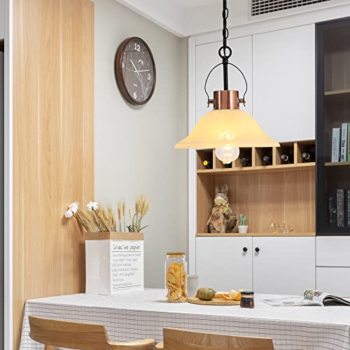 ANYONGLU Traditional Plug-in Pendant Lighting Fixture Amber Alabaster Glass Bowl Shade Antique Industrial Hanging Lamp for Kitchen Dining Room