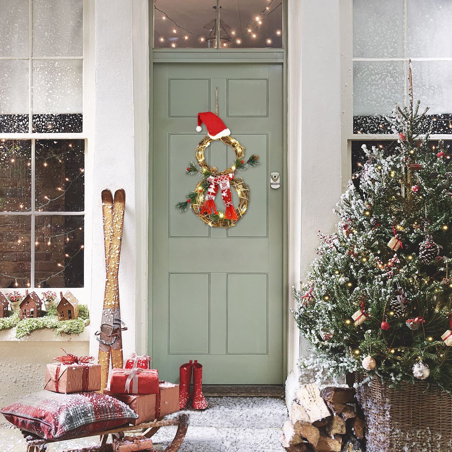 DearHouse Lighted Christmas Wreath Decoration Clearance, 16 x 8 Inch Grapevine Wreath with Hat and Scarf Snowman Shape Wreath for Front Door Home Garden Wall Decor
