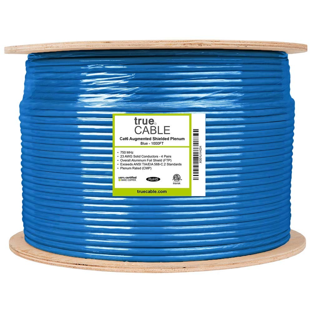 trueCABLE Cat6A Shielded Plenum (CMP), 1000ft, Blue, 23AWG Solid Bare Copper, 750MHz, PoE++ (4PPoE), ETL Listed, Overall Aluminum Foil Shield (F/UTP), Bulk Ethernet Cable