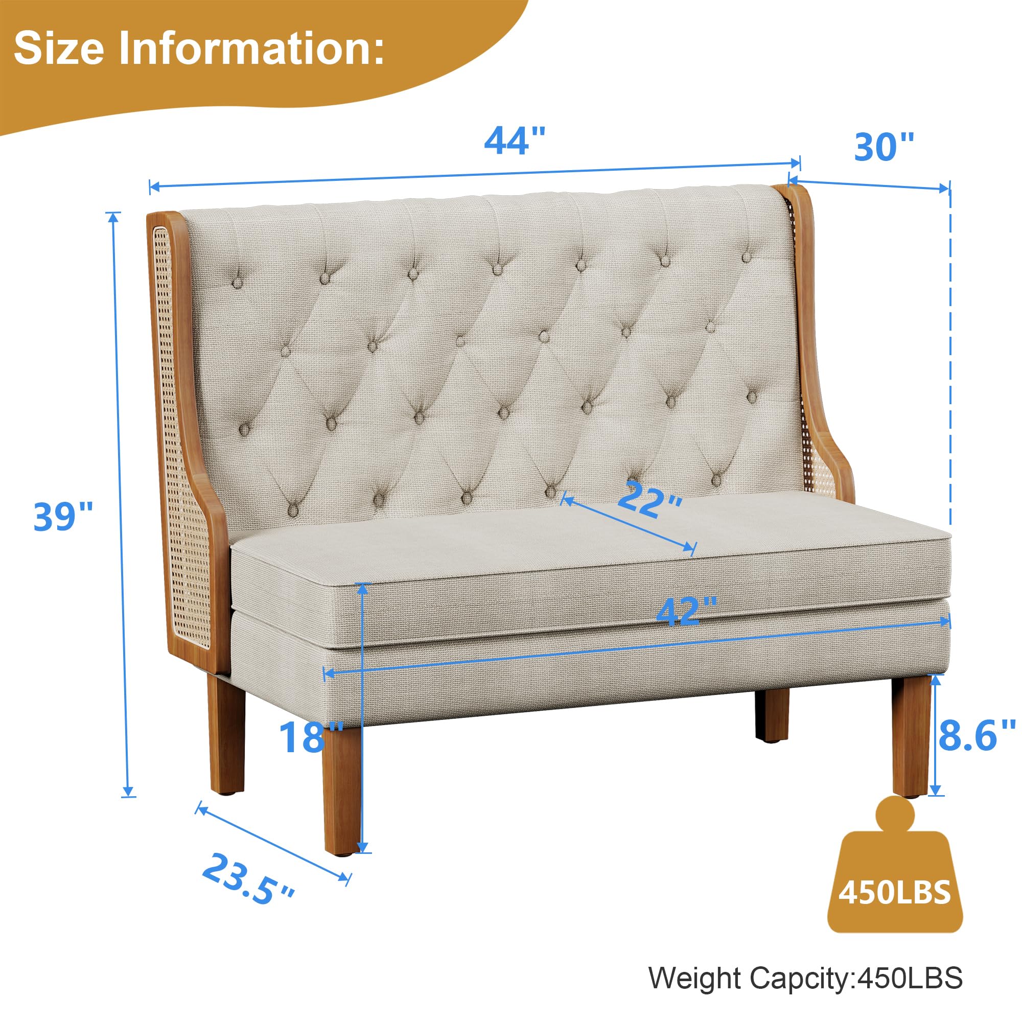 Andeworld Loveseat Settee Bench with Natural Rattan Arms,Upholstered Modern High-Back Mini Sofa Couch,Banquette Dining Bench Love Seat for Living Dining Room Bedroom Office Small Space Entryway,Ivory
