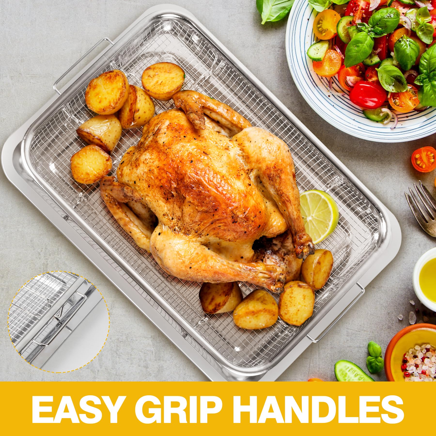 Air Fryer Basket for Oven 2 Set Stainless Steel, Air Fryer Accessories Oven Rack and Crisper Tray, Bacon Cooker Broiler Pan for Oven, Bakeware Sets Oven Rack-2-Set Large & Medium