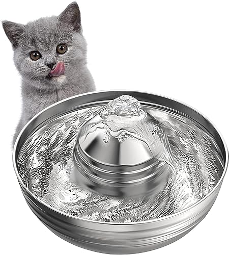 Cat Water Fountain All Stainless Steel,710z/2.1L Large Capacity,Round Design,Quiet Design,Visible Water Level,360° Automatic Cat Water Dispenser Easy Assemble and Clean,Supply Water Even Power Off