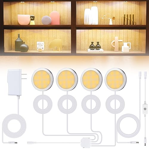 4-Pack LED Puck Lights Wired, Dimmable Display Case Lighting, Under Cabinet Puck Lights with Memory Function, Warm White Plug-in Round Shelf Lighting, Cabinet Lights for Shelves, Kitchen, 3000K