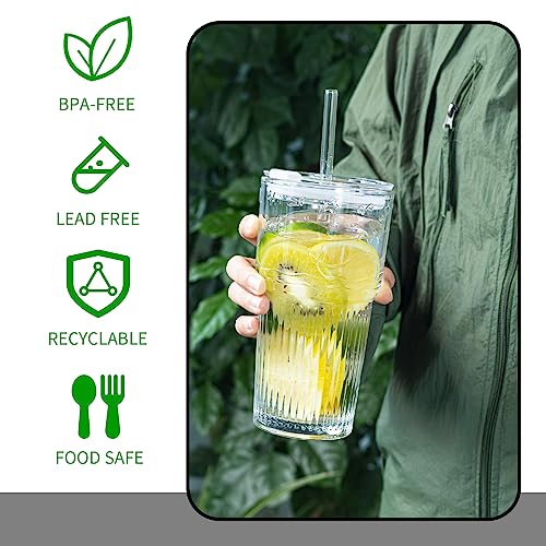 BLUEPOLAR 20oz/600ml Glass Cups With Lids and Glass Straws ,Thick Wall Iced Coffee Cup Glass Cup for Water, Iced Tea Fruit Juice Etc(Clear,2 Pack)