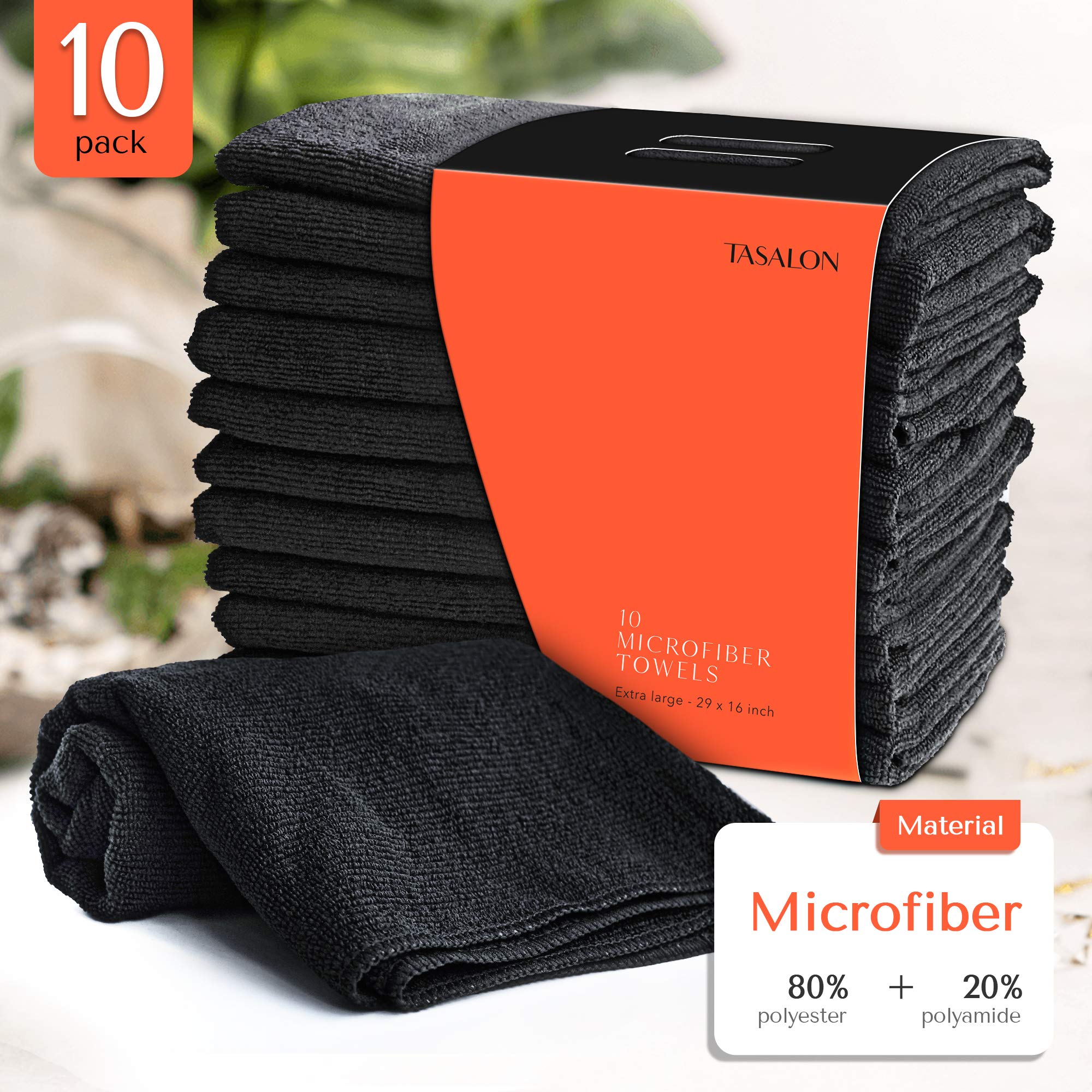 TASALON Microfiber Hair Towel - 10 Pack - Salon Towels - Quick Dry Microfiber Towels - 29 x 16 Inches Ultra-Soft Microfiber Towel for Hair, Facial Towels with Soft Absorbant - Black