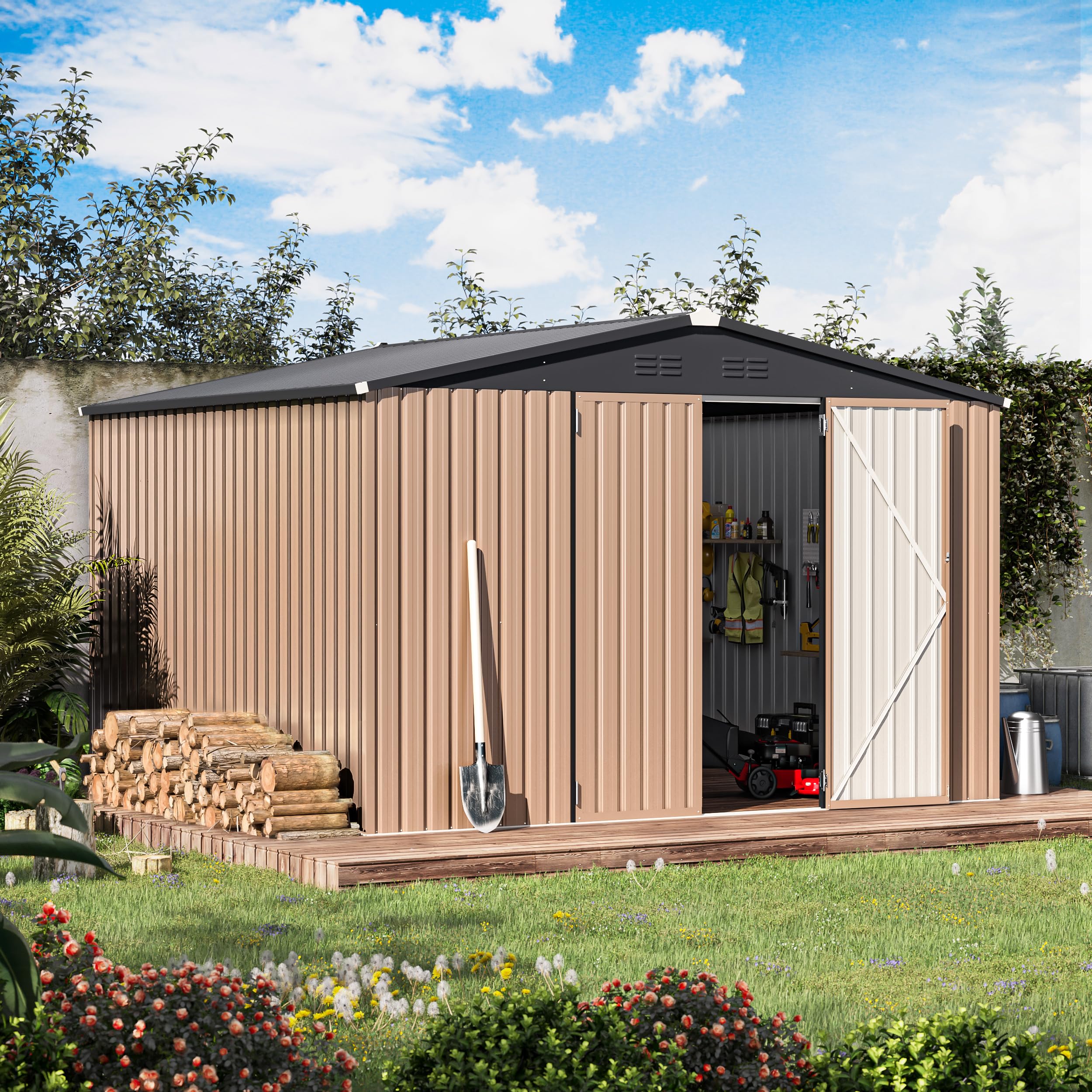 AECOJOY 9' x 10' Metal Storage Large Shed, Sheds & Outdoor Storage Clearance 9ft Sheds with Lockable Doors, Utility and Tool Storage Shed for Garden, Backyard, Patio, Outside use in Grey