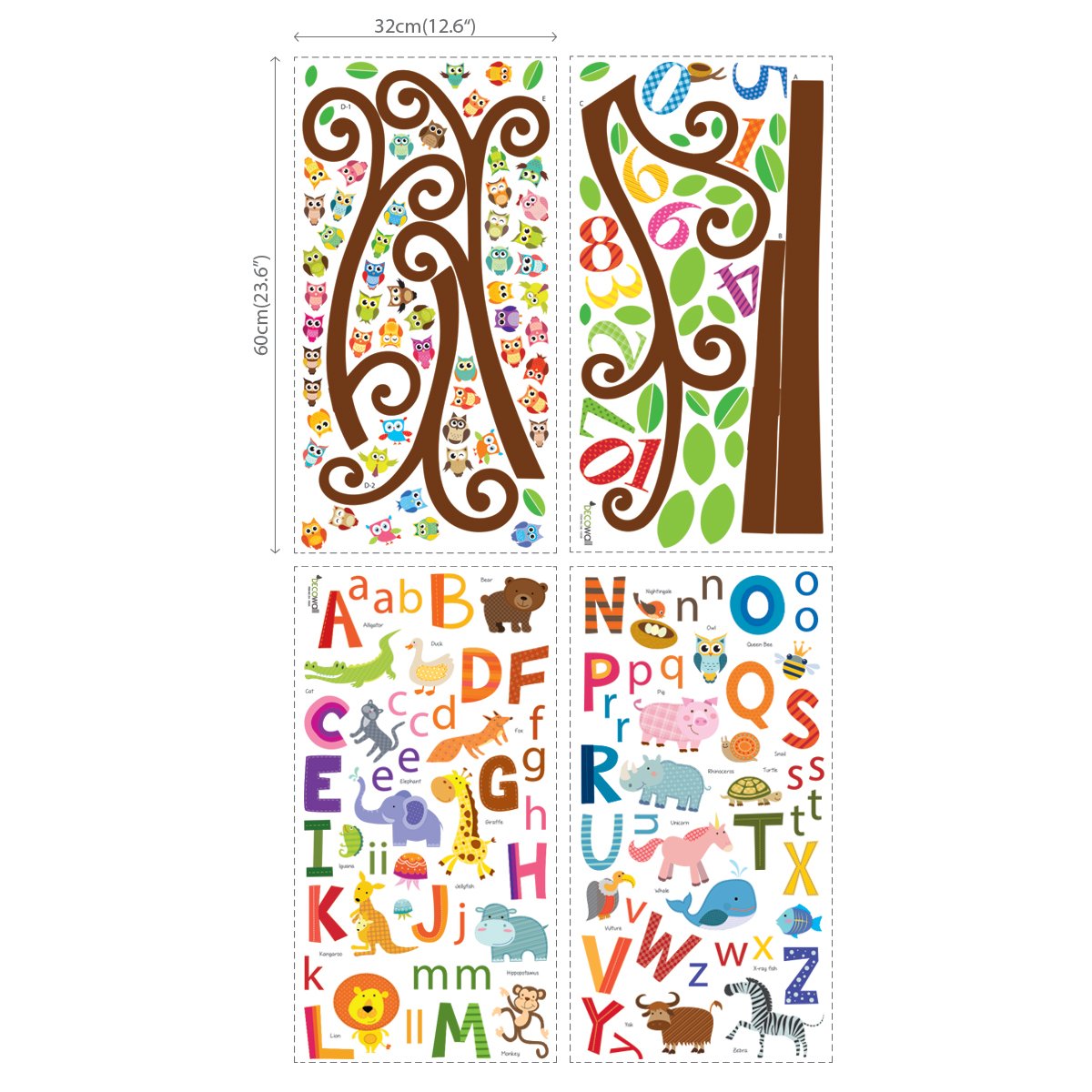 DECOWALL DA-1503 Animal Alphabet ABC and Owl Numbers Tree Kids Wall Stickers Wall Decals Peel and Stick Removable Wall Stickers for Kids Nursery Bedroom Living Room décor