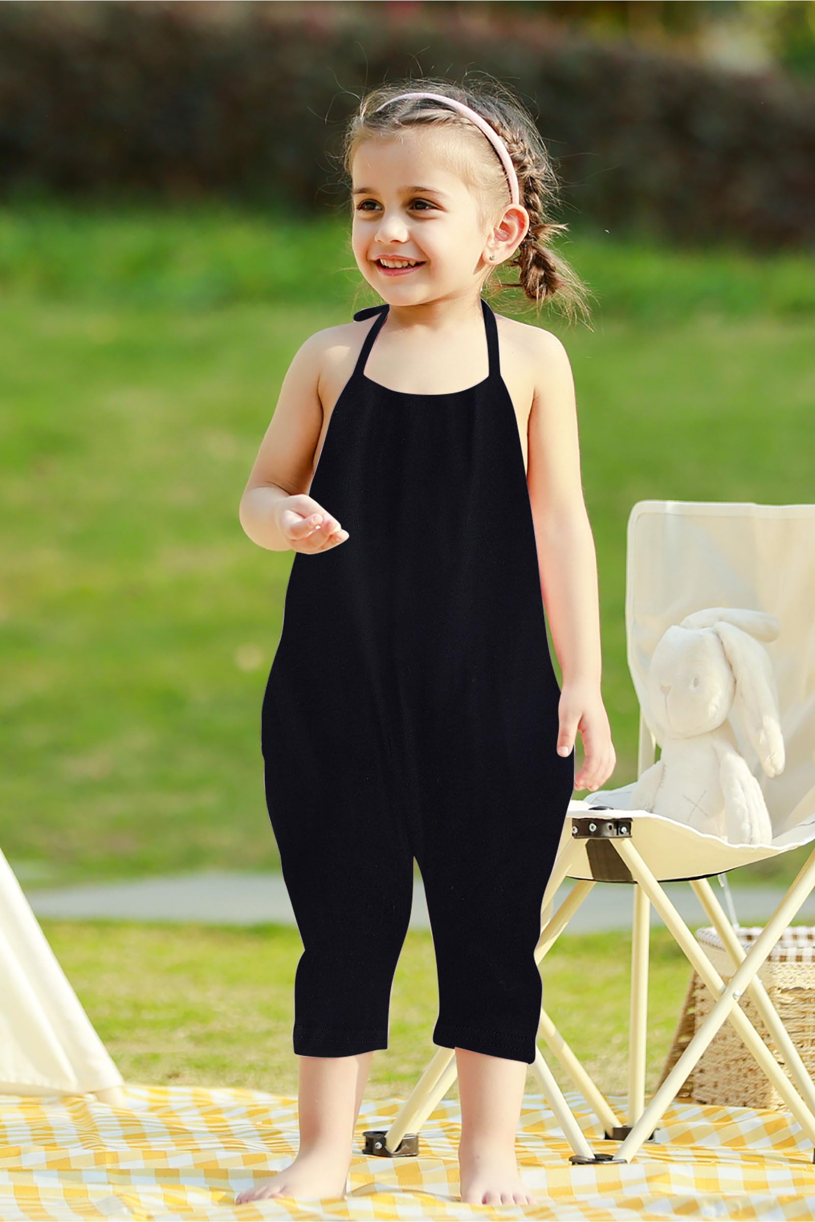 RAISEVERN Baby Girl Rompers Backless Slouch Jumpsuit Toddler Kid Jumper Cute Dinosaur Summer Beach Pants Halter Holiday Plain Bodysuit Black, 2-3T