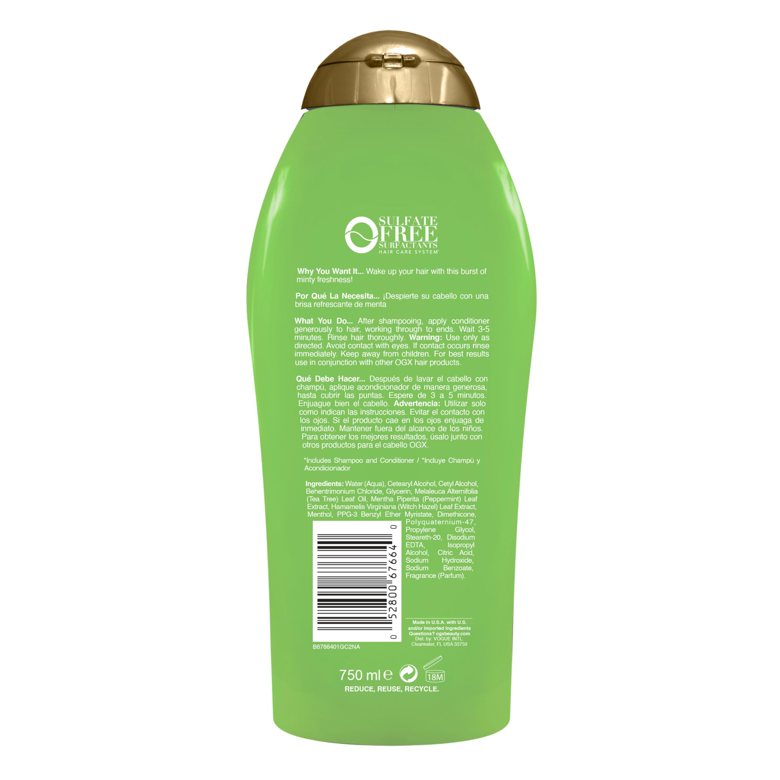 OGX Extra Strength Refreshing Scalp + Teatree Mint Conditioner, Invigorating Conditioner with Tea Tree & Peppermint Oil & Witch Hazel, Paraben-Free, Sulfate-Free Surfactants, 25.4 Fl Oz