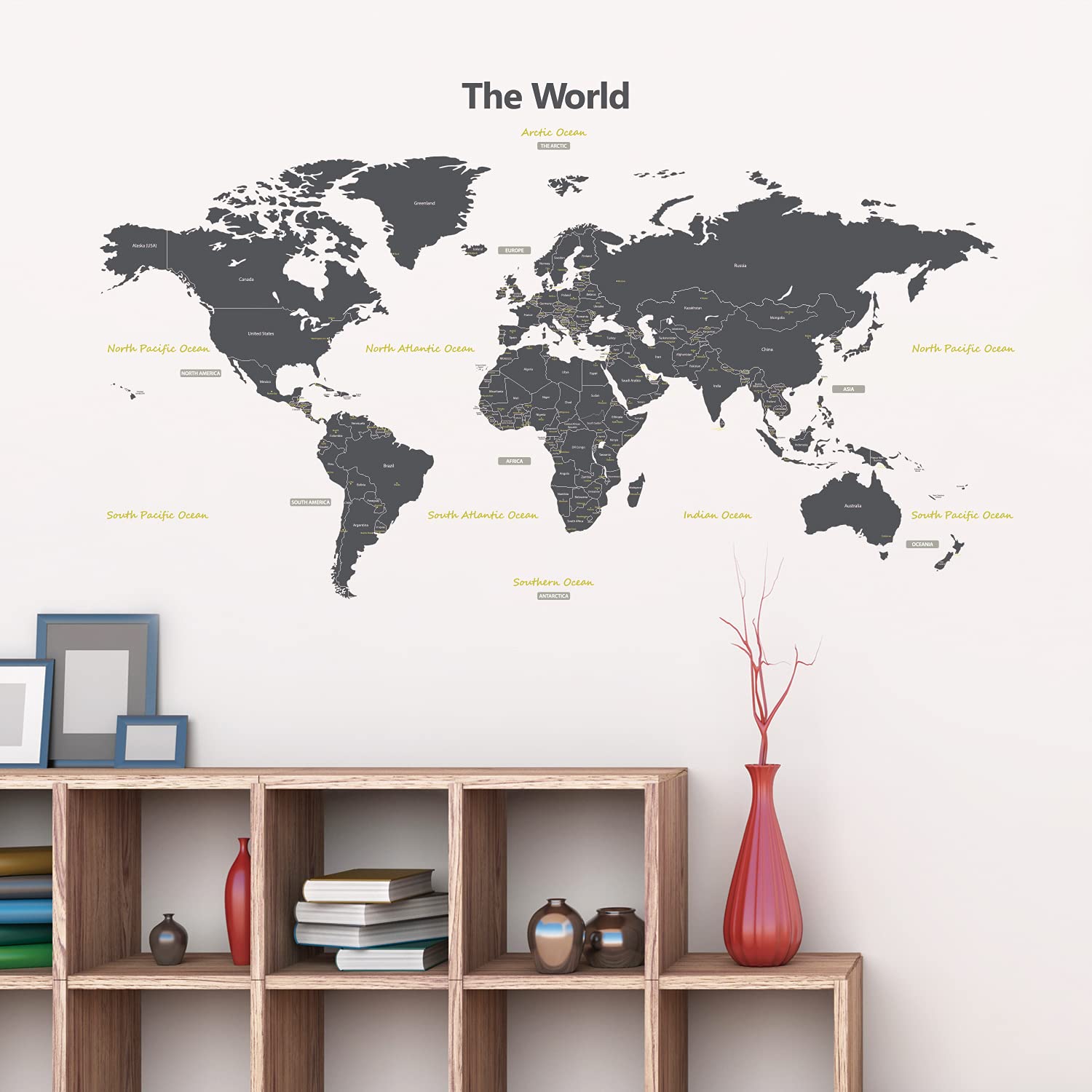 DECOWALL DL2-1509G Large Modern Grey World Map Kids Wall Stickers (46x27 inch) Wall Decals Peel and Stick Removable Wall Stickers for Kids Nursery Bedroom Living Room Decor