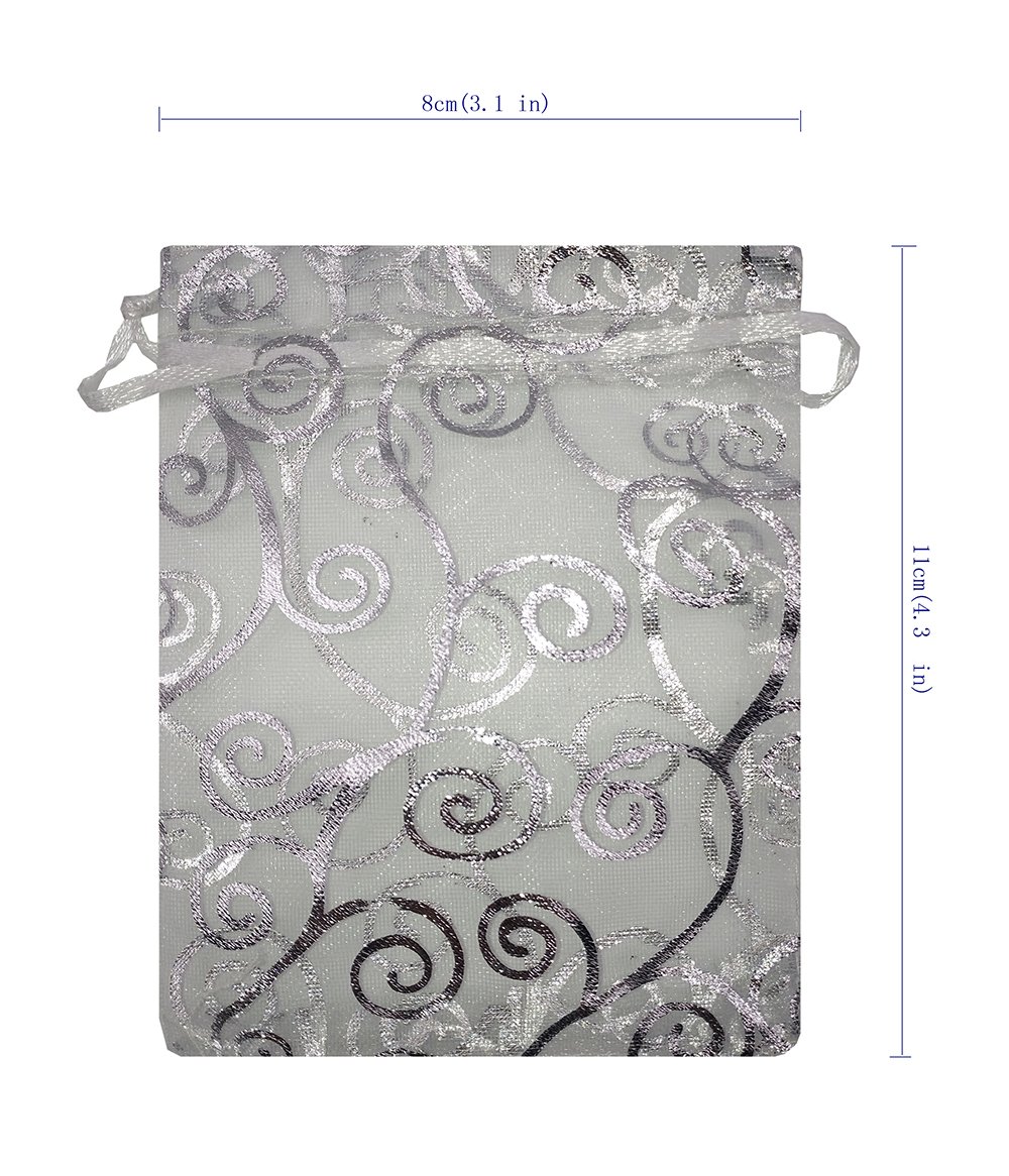 Ankirol 100pcs Sheer Organza Favor Bags For Wedding Baby Shower Rattan Print Gift Bags Samples Display Drawstring Pouches (3x4, silver)