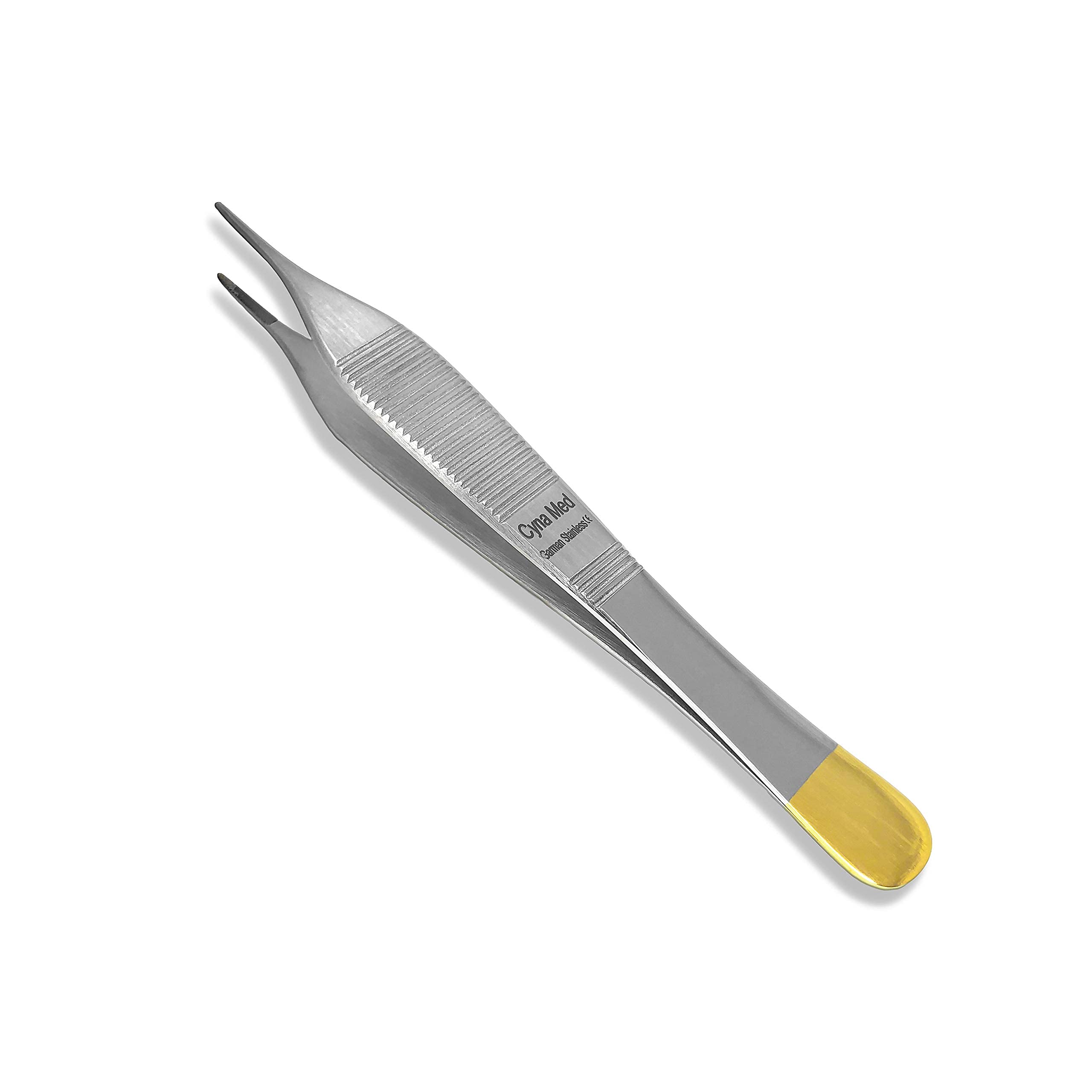 Cynamed T/C Adson Plastic Surgery Forceps 4.75" Straight Fine Point with Tungsten Carbide Inserts Surgical Veterinary Instruments with Gold Handle (Serrated Tips, Adson Dressing Forceps, TC)